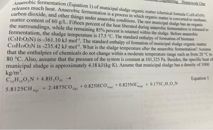 Solved Anaerobic fermentation (Equation 1) of municipal | Chegg.com
