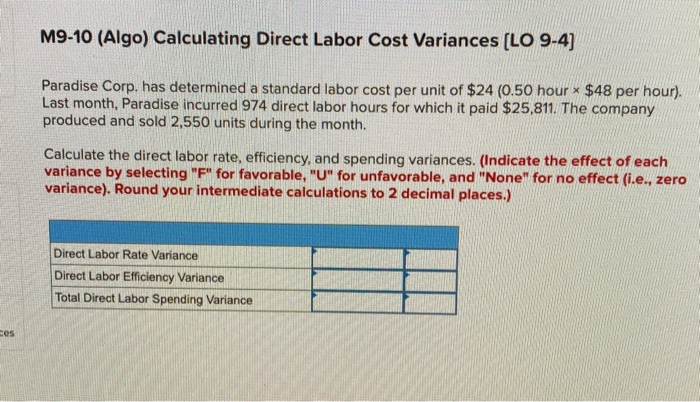 Solved M9-10 (Algo) Calculating Direct Labor Cost Variances | Chegg.com