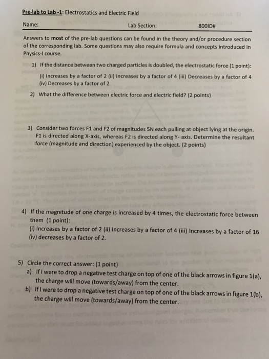 Solved Pre-lab to Lab -1: Electrostatics and Electric Field | Chegg.com