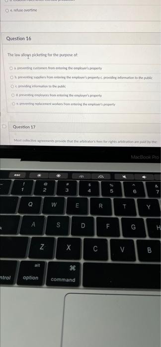Solved O refuse overtime Question 16 The low ows picketing | Chegg.com