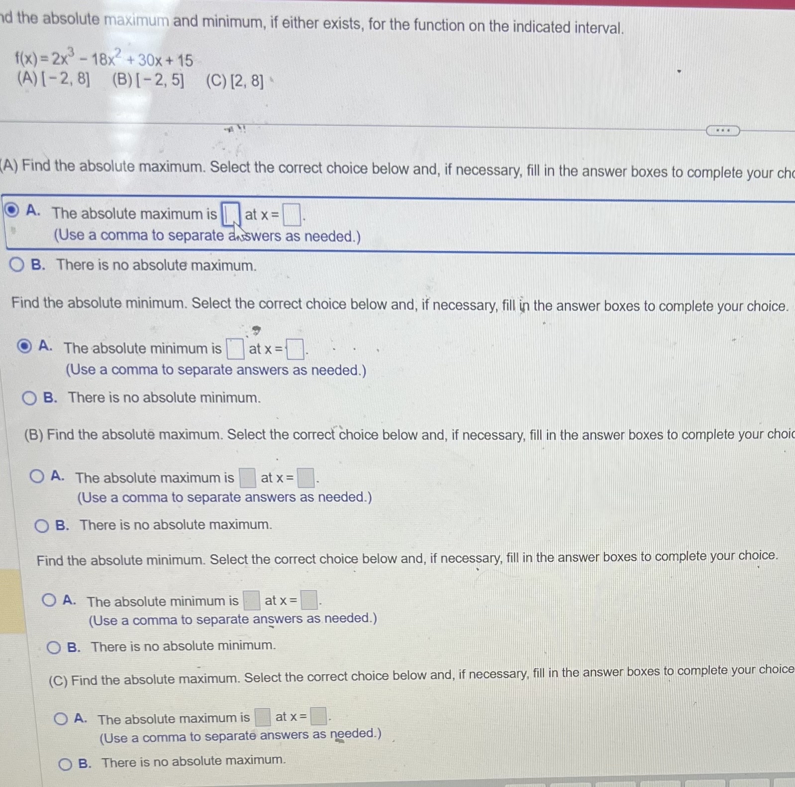 Solved the absolute maximum and minimum, if either exists, | Chegg.com