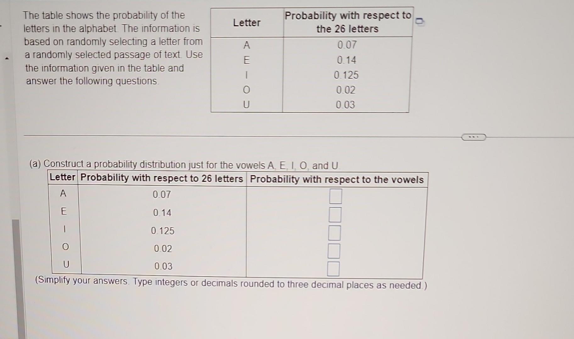 Solved The table shows the probability of the letters in the | Chegg.com