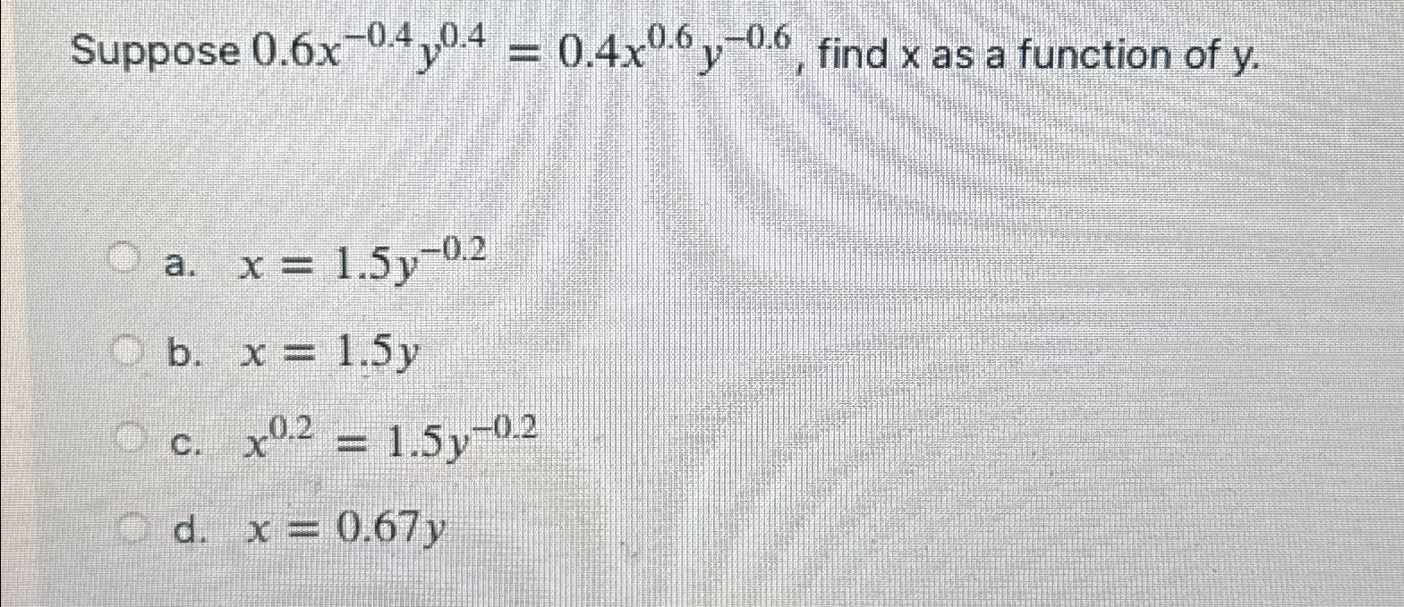 Solved Suppose 0.6x-0.4y0.4=0.4x0.6y-0.6, ﻿find x ﻿as a | Chegg.com