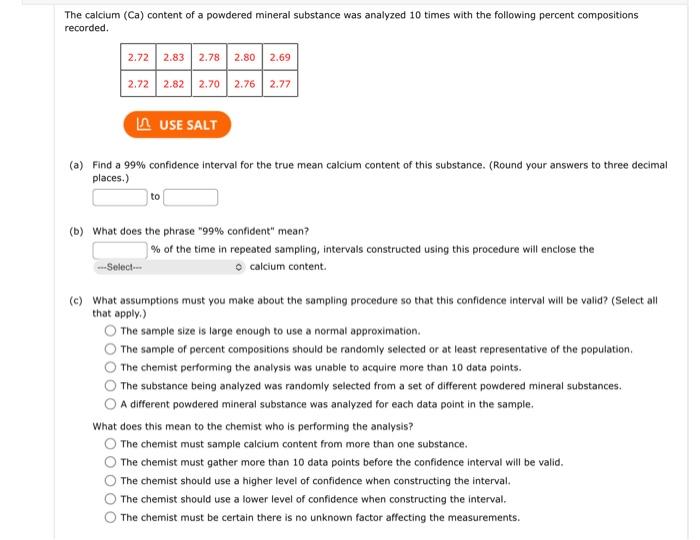 Solved The calcium (Ca) content of a powdered mineral | Chegg.com