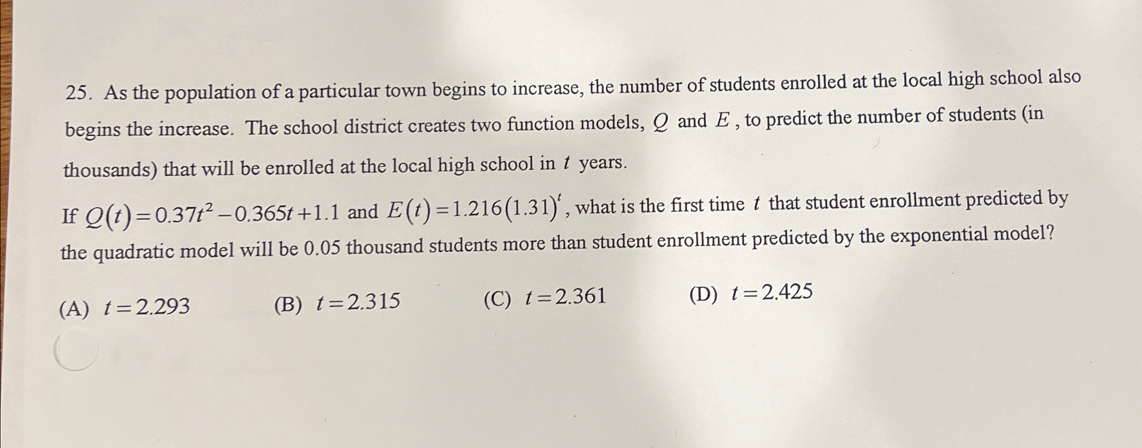 Solved As the population of a particular town begins to | Chegg.com