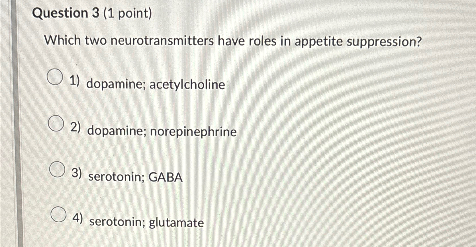 Solved Question 3 (1 ﻿point)Which two neurotransmitters have | Chegg.com