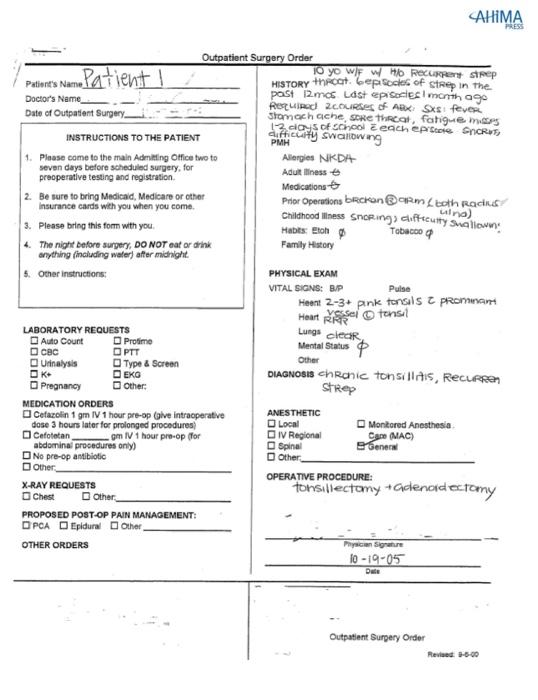 Solved AHIMA Outpatient Surgery Order Pationts name Patient | Chegg.com