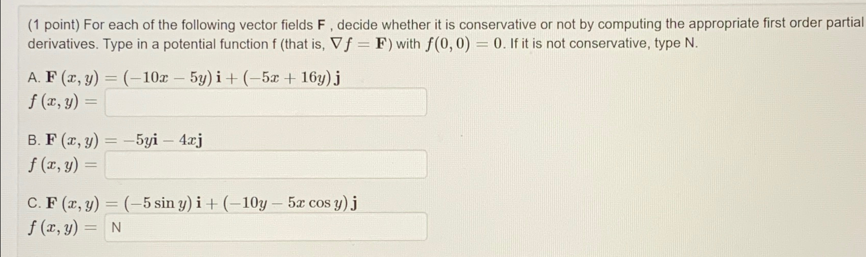 Solved (1 ﻿point) ﻿For each of the following vector fields | Chegg.com