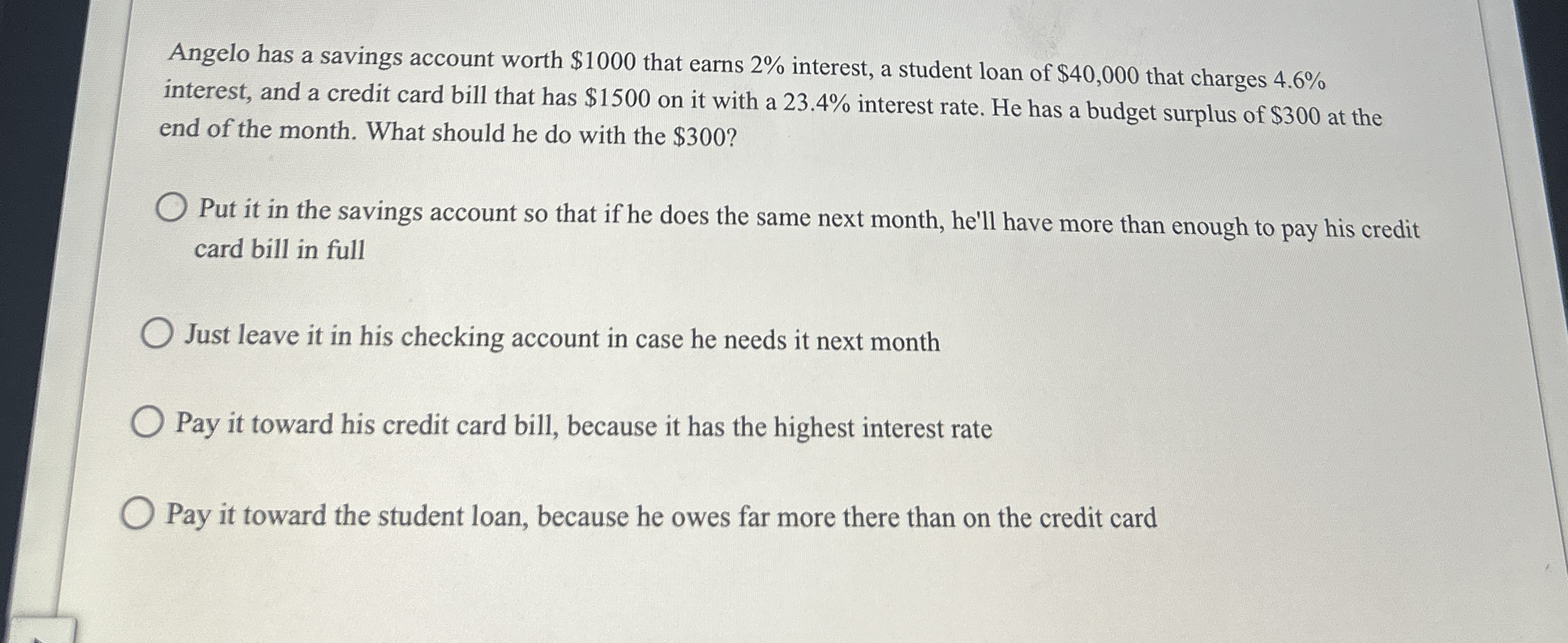 Solved Angelo has a savings account worth $1000 ﻿that earns | Chegg.com