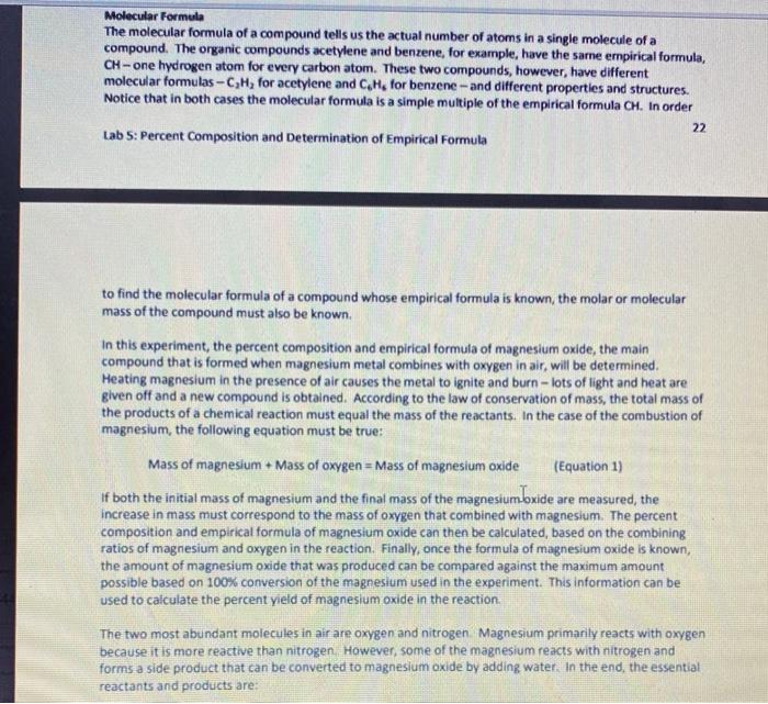 Lab 5: Percent Composition and Determination of | Chegg.com