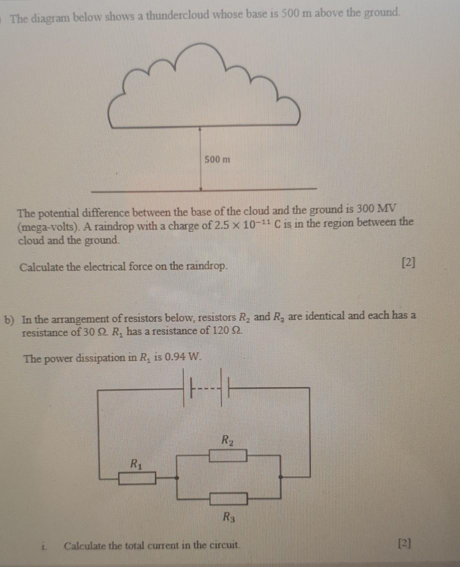 Solved The diagram below shows a thundercloud whose base is | Chegg.com