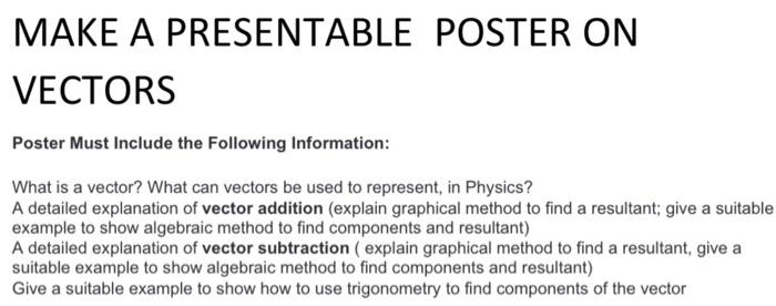 Solved MAKE A PRESENTABLE POSTER ON VECTORS Poster Must | Chegg.com