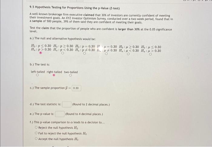 Solved 9.5 Hypothesis Testing for Proportions Using the | Chegg.com