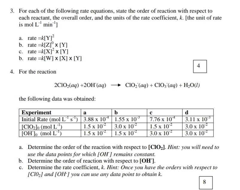 Solved 3. For each of the following rate equations, state | Chegg.com