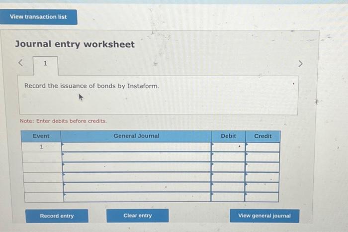Solved Journal entry worksheet Record the issuance of bonds | Chegg.com