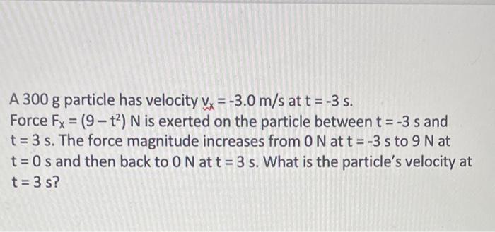 Solved A 300 g particle has velocity vx=−3.0 m/s at t=−3 s. | Chegg.com
