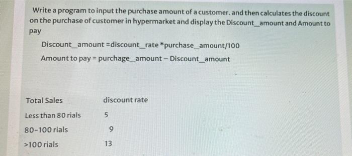 Solved Write a program to input the purchase amount of a | Chegg.com