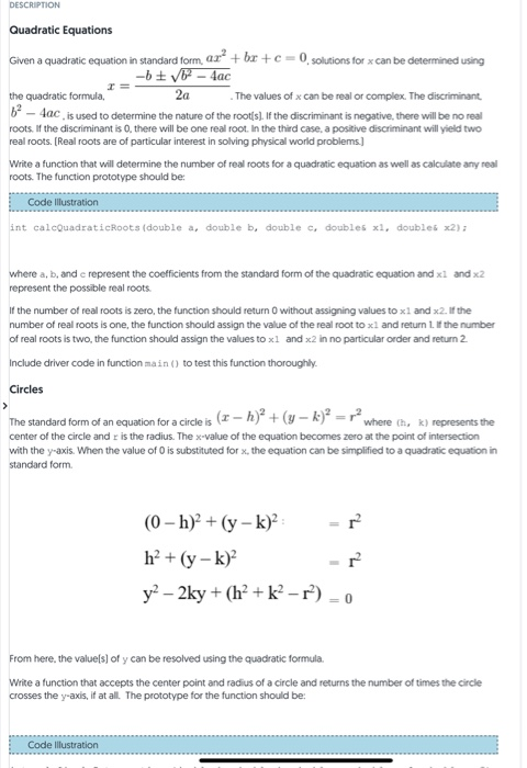 Solved DESCRIPTION I= Quadratic Equations Given a quadratic | Chegg.com