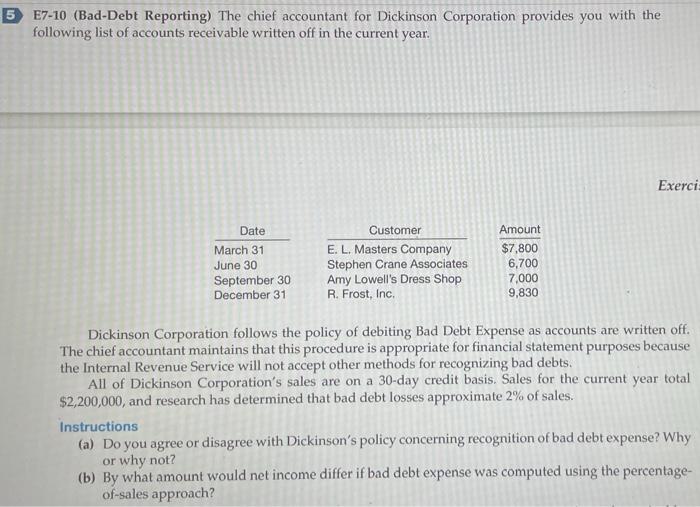 Solved 5 E7-10 (Bad-Debt Reporting) The chief accountant for | Chegg.com