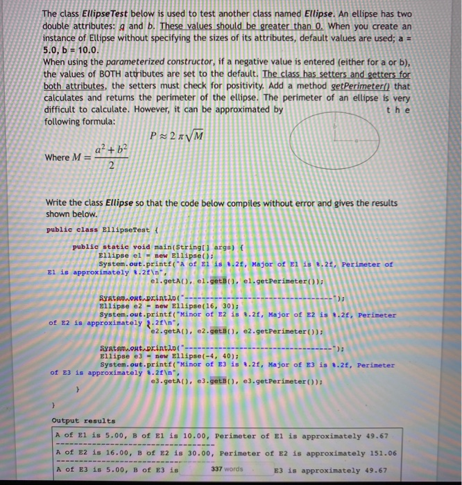 Solved the calss EllipseTest below is used to test another | Chegg.com