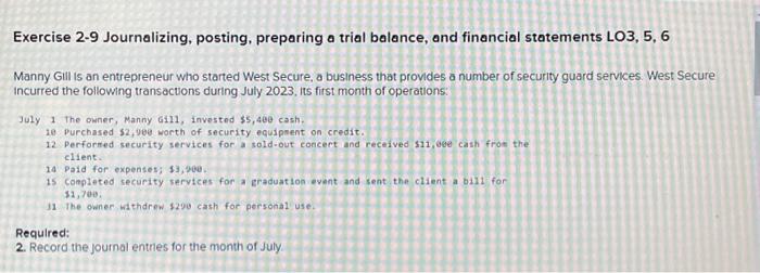Solved Exercise 2-9 Journalizing, posting, preparing trial | Chegg.com
