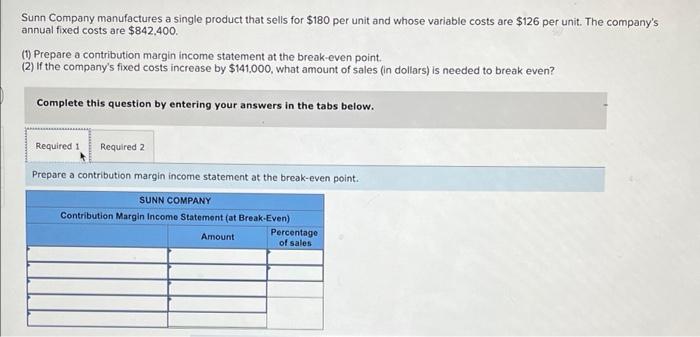 [Solved]: Sunn Company manufactures a single product that s