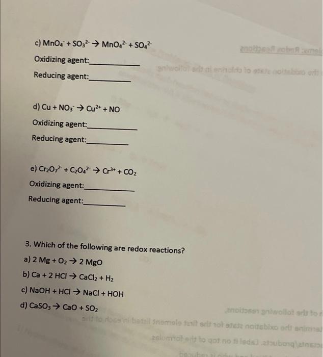 Solved Practice Problems: Redox Reactions 1. Determine the | Chegg.com