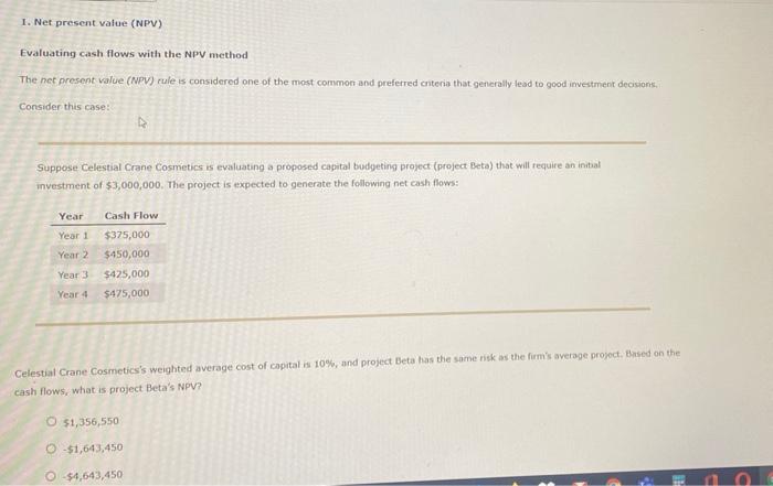 Solved 1. Net present value (NPV) Evaluating cash flows with | Chegg.com