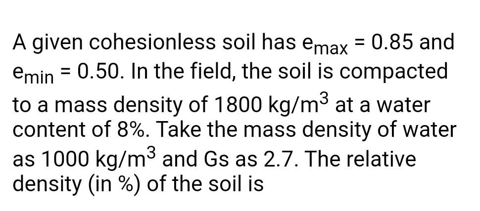 Solved A given cohesionless soil has emax=0.85 and | Chegg.com