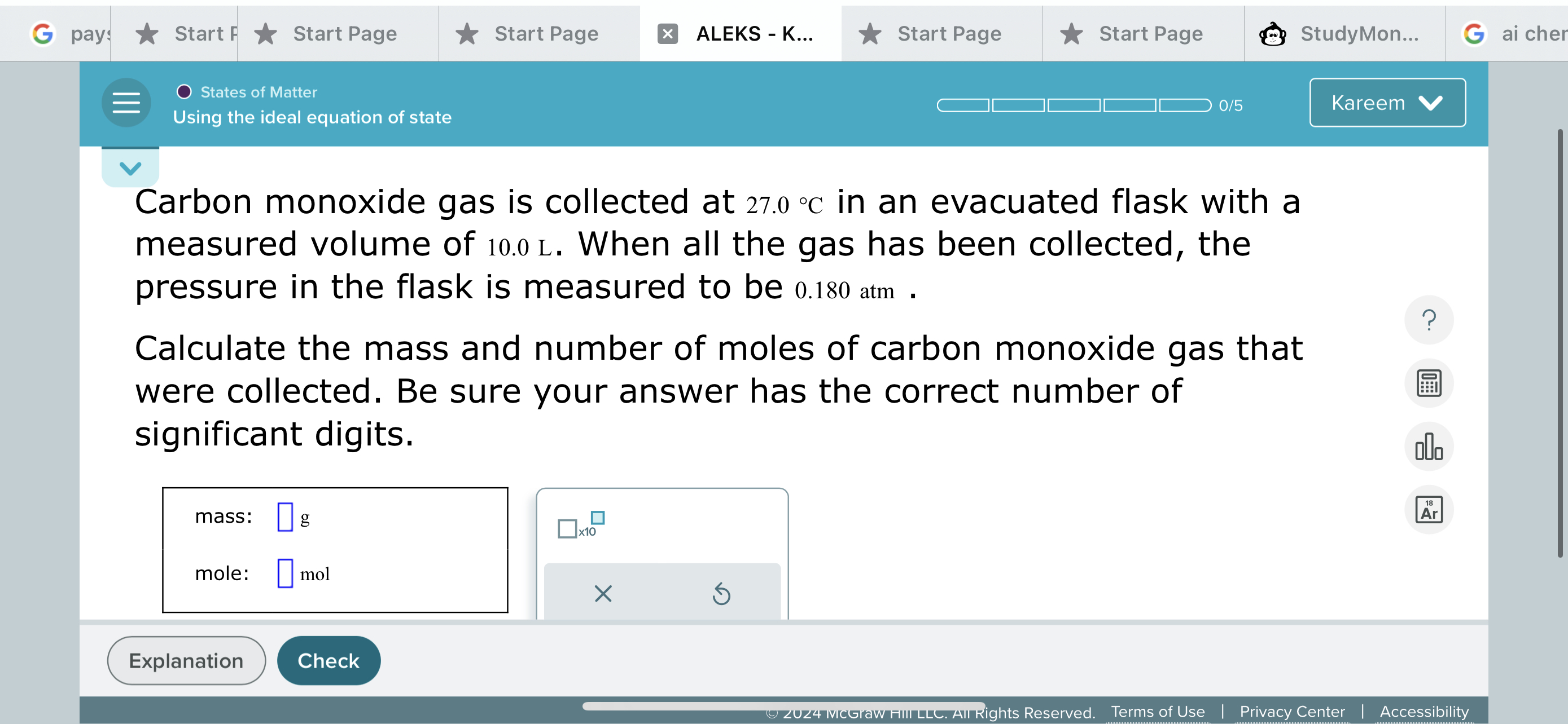 Carbon monoxide gas is collected at 27.0°C ﻿in an | Chegg.com