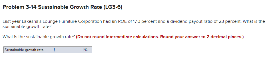 Solved Problem 3-14 ﻿Sustainable Growth Rate (LG3-6)Last | Chegg.com