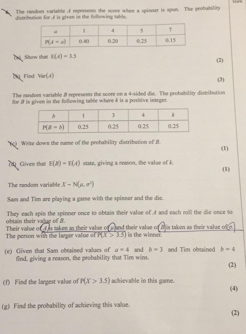 The random variable A represents the score when a | Chegg.com