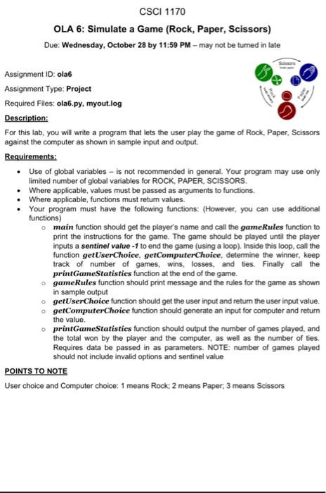 Solved CSCI 1170 OLA 6: Simulate a Game (Rock, Paper, | Chegg.com