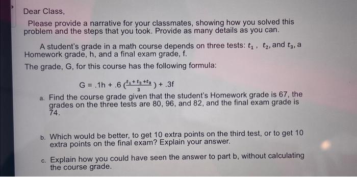 Solved Dear Class, Please provide a narrative for your | Chegg.com