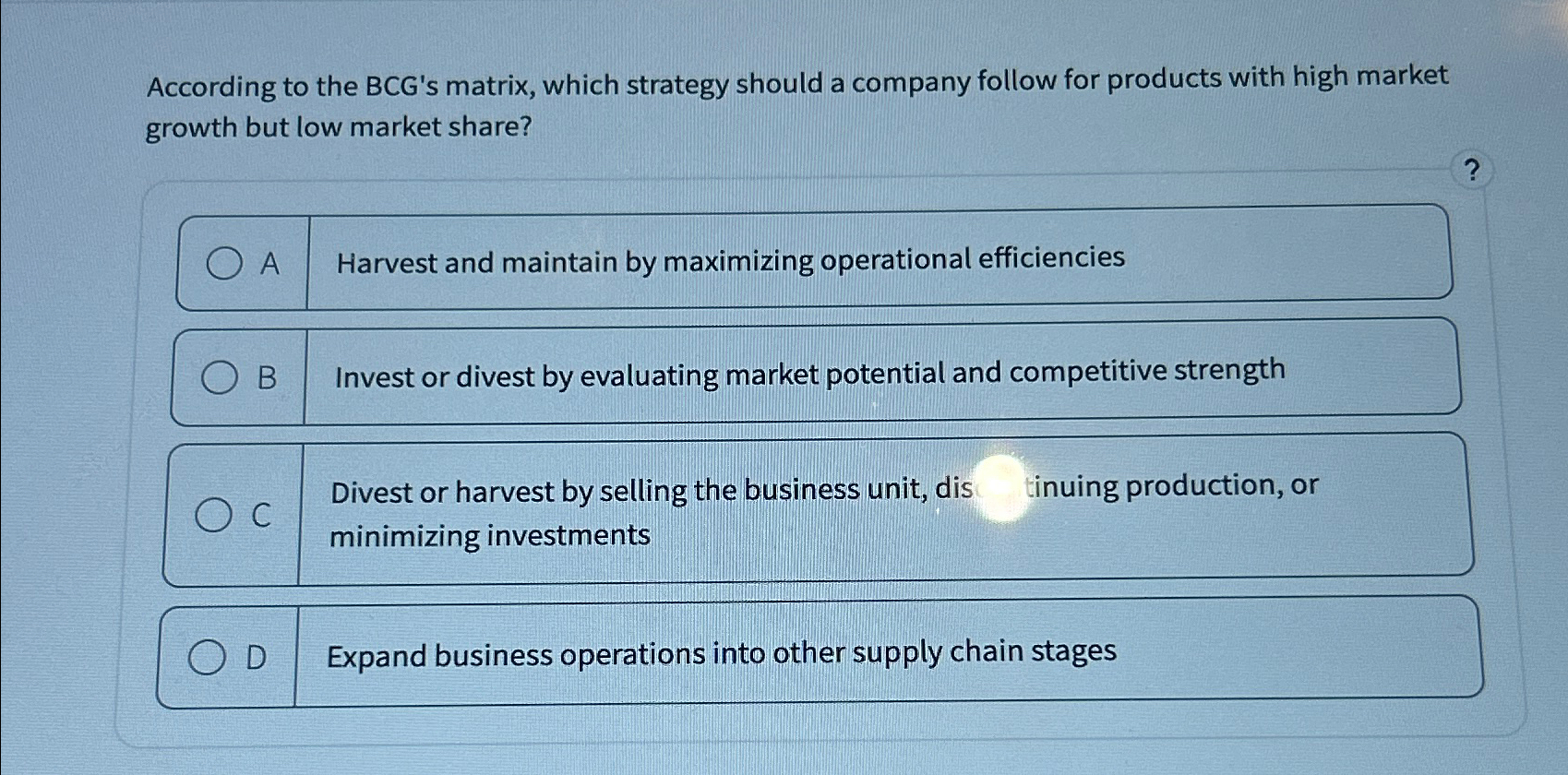 Solved According to the BCG's matrix, which strategy should | Chegg.com