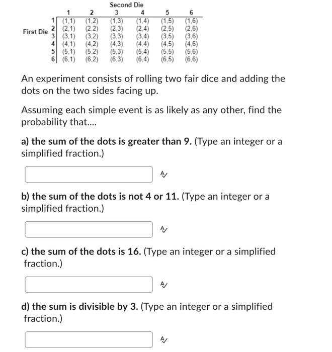 Solved An experiment consists of rolling two fair dice and | Chegg.com