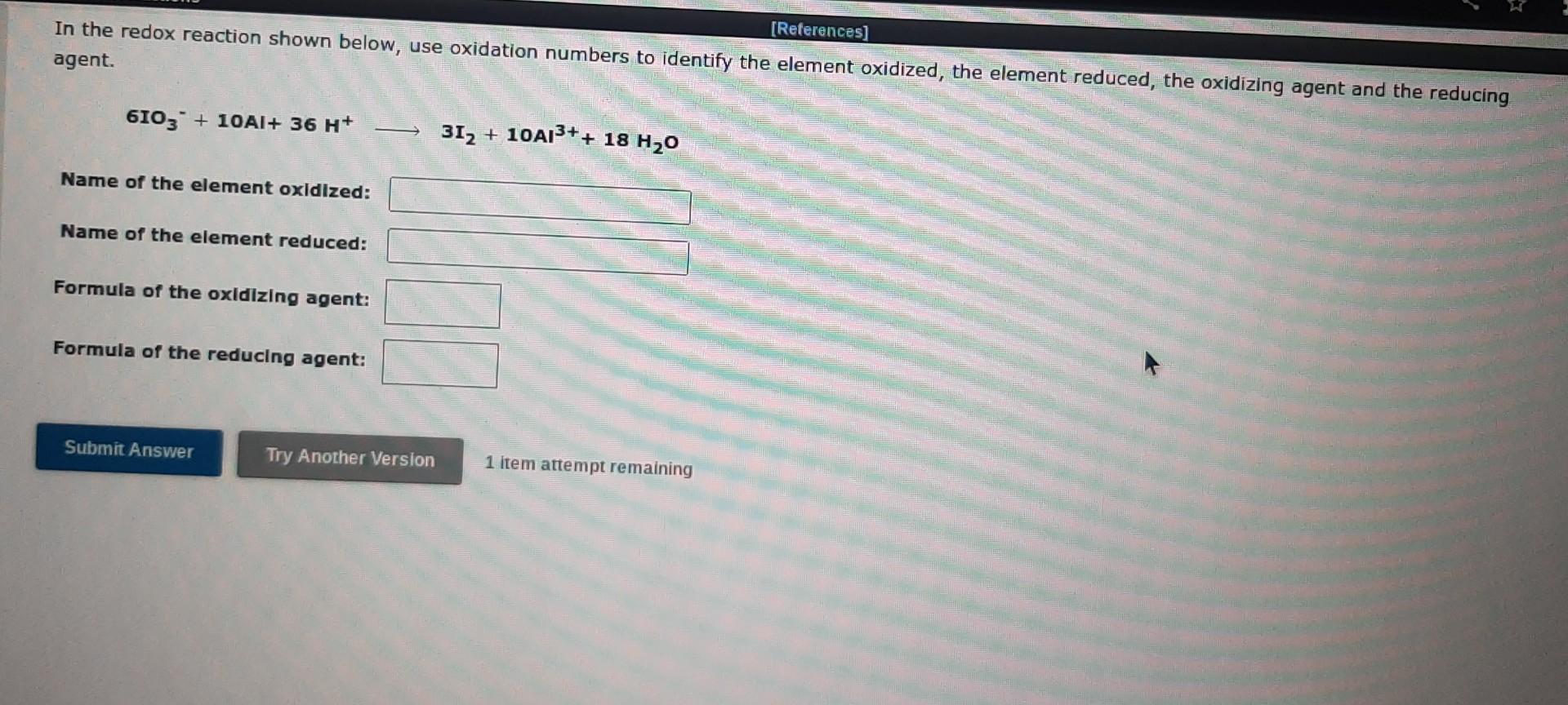 Solved In the redox reaction shown below, use oxidation | Chegg.com
