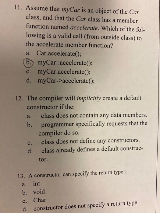 Solved 11 Assume That Mycar Is An Object Of The Car Class 