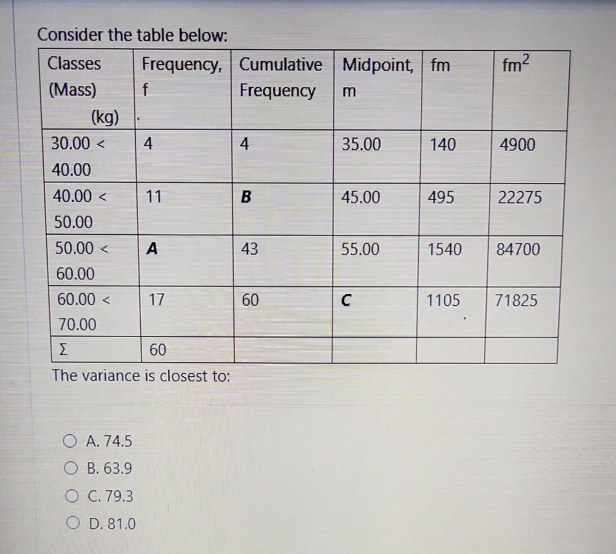 Solved Consider the table below: The variance is closest to: | Chegg.com