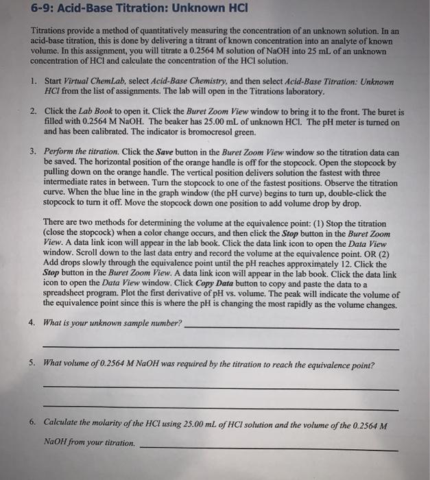 Solved 6-9 acid base titration: unknown HCI Titrations | Chegg.com