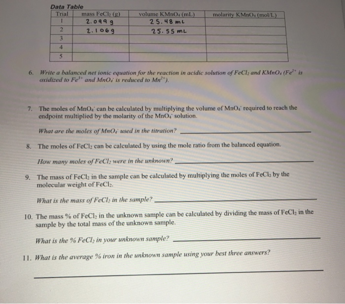 Solved molarity KMnO, (mol/L) Data Table Trial mass FeCl2 | Chegg.com