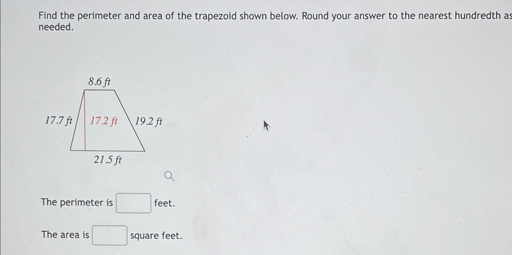 Solved Find the perimeter and area of the trapezoid shown | Chegg.com