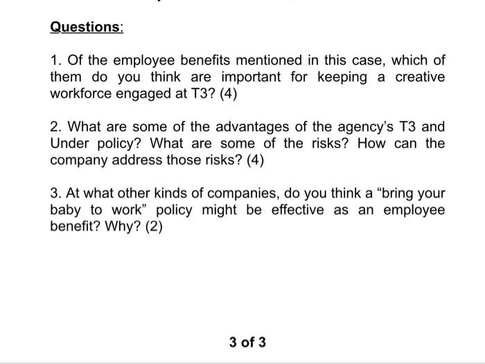 Solved Questions: 1. Of the employee benefits mentioned in | Chegg.com