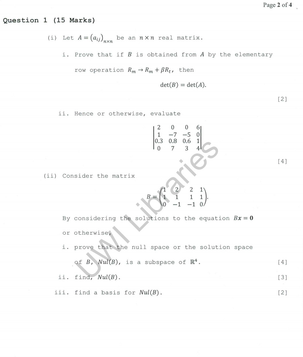 Solved Page 2 ﻿of 4Question 1 (15 ﻿Marks)(i) ﻿Let A=(aij)n×n | Chegg.com