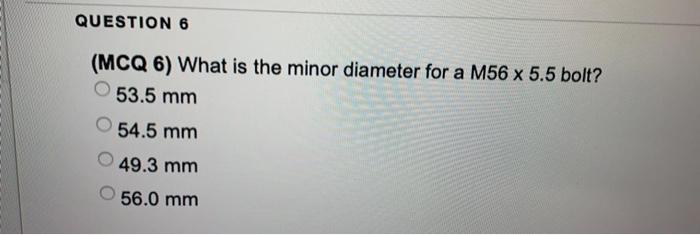 Solved QUESTION 6 (MCQ 6) What is the minor diameter for a | Chegg.com