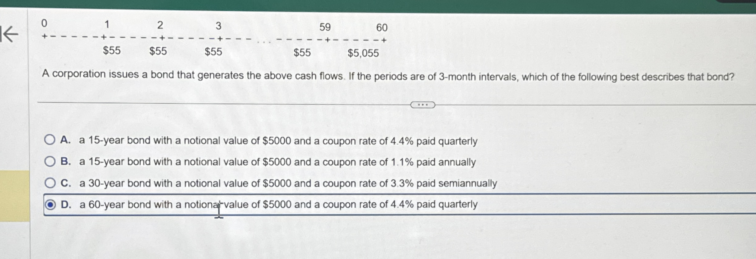 Solved 01235960$55$55$55$5,055A corporation issues a bond | Chegg.com