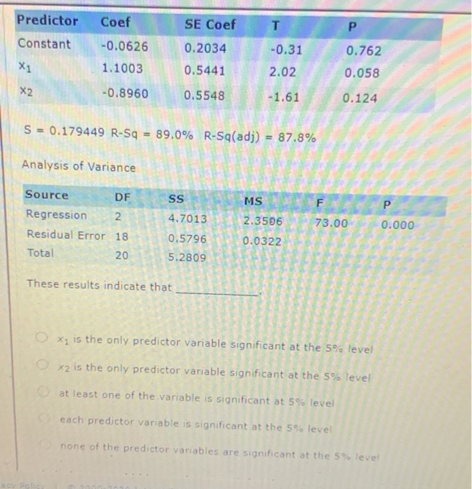 Solved Predictor Coef SE Coef T р Constant -0.31 -0.0626 | Chegg.com