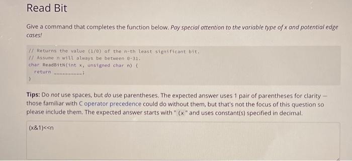 Solved Read Bit Give a command that completes the function | Chegg.com