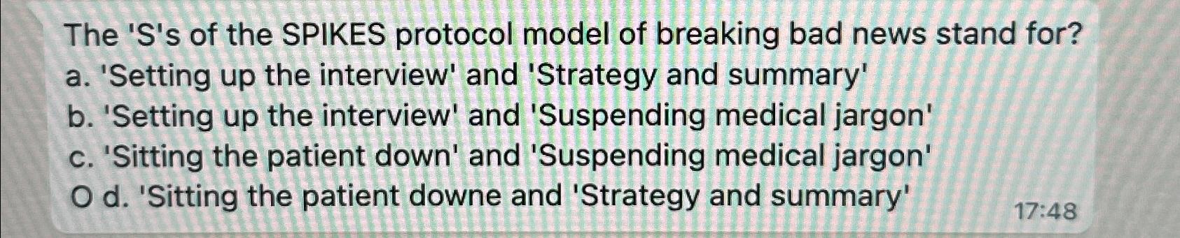 Solved The 'S's of the SPIKES protocol model of breaking bad | Chegg.com