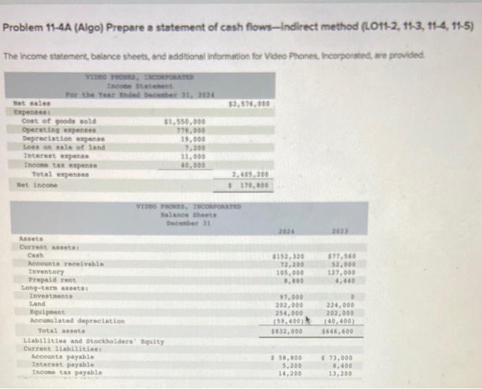 Solved Problem 11-4A (Algo) Prepare a statement of cash | Chegg.com